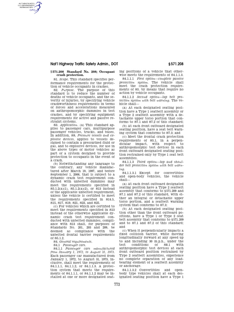571.208 - Standard No. 208 - Occupant Crash Protection | PDF | Seat ...