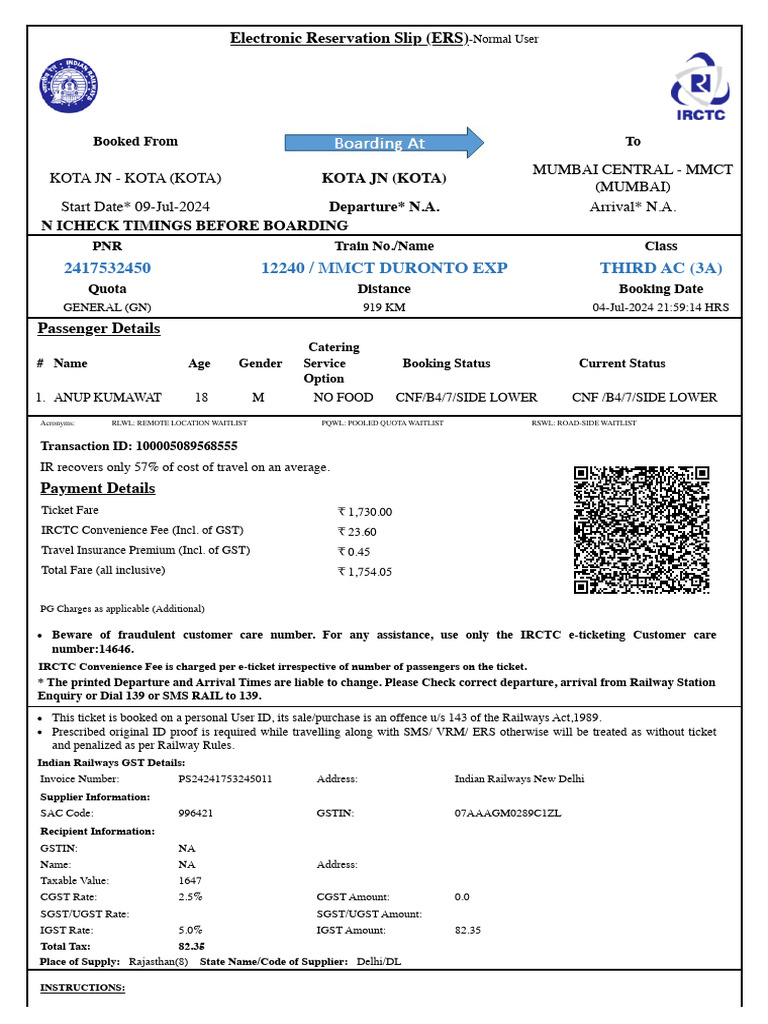 MMCT Duronto Exp Third Ac (3A) : Electronic Reservation Slip (ERS ...