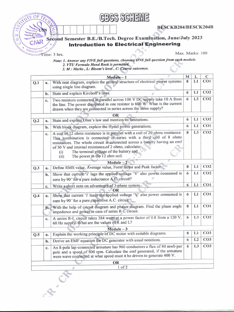 VTU Question Paper of BESCK204B Introduction To Electrical Engineering June-July-2023 | PDF