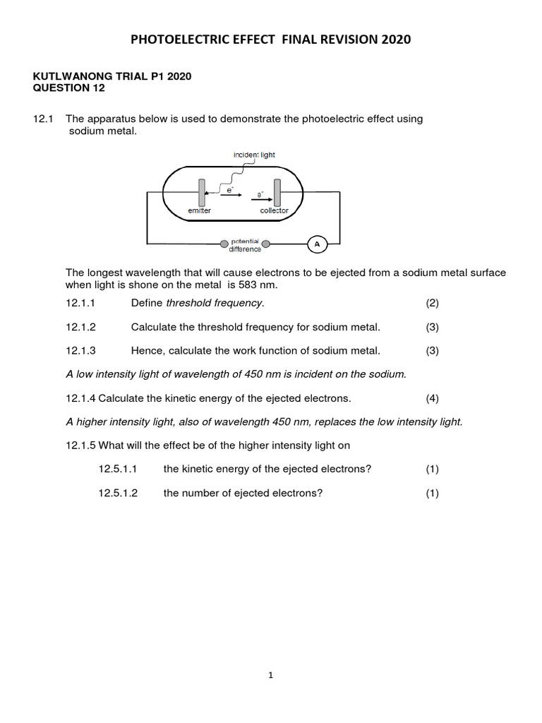 Photoelectric Effect Revision Fianl 2020 | PDF | Emission Spectrum ...