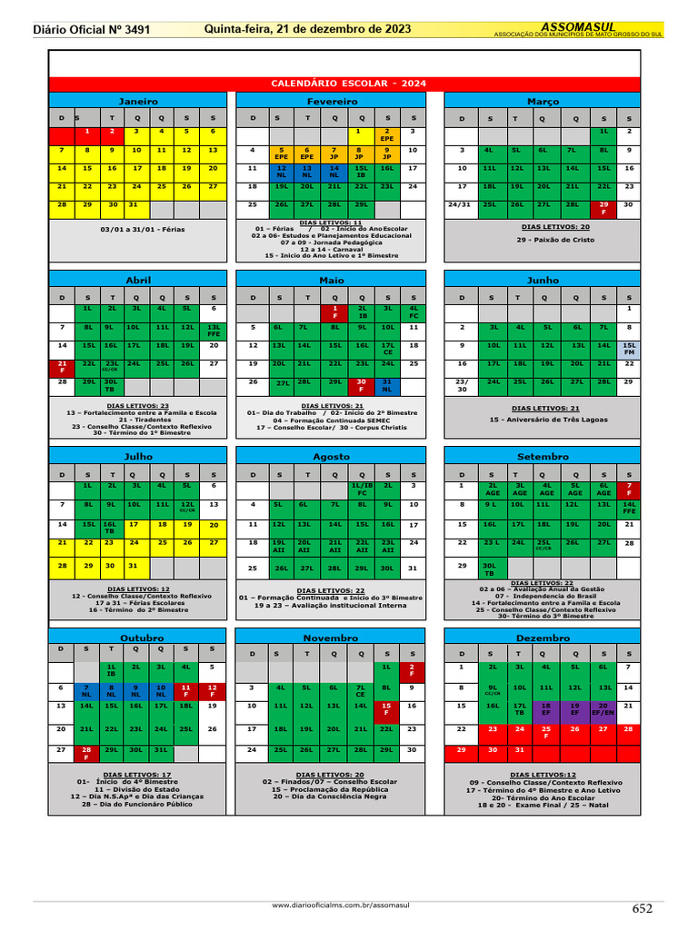Calendário Escolar - 2024 | PDF | Datas comemorativas | Comemorações