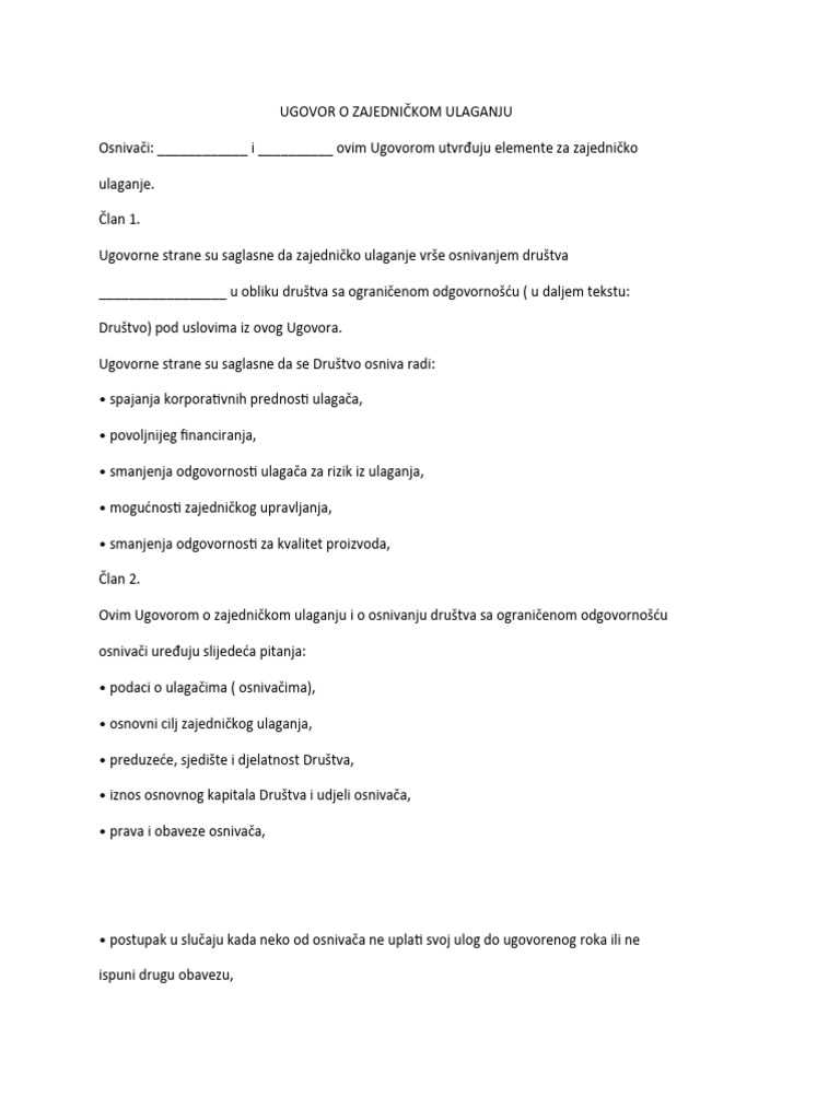 Ugovor o Zajednickom Ulaganju | PDF