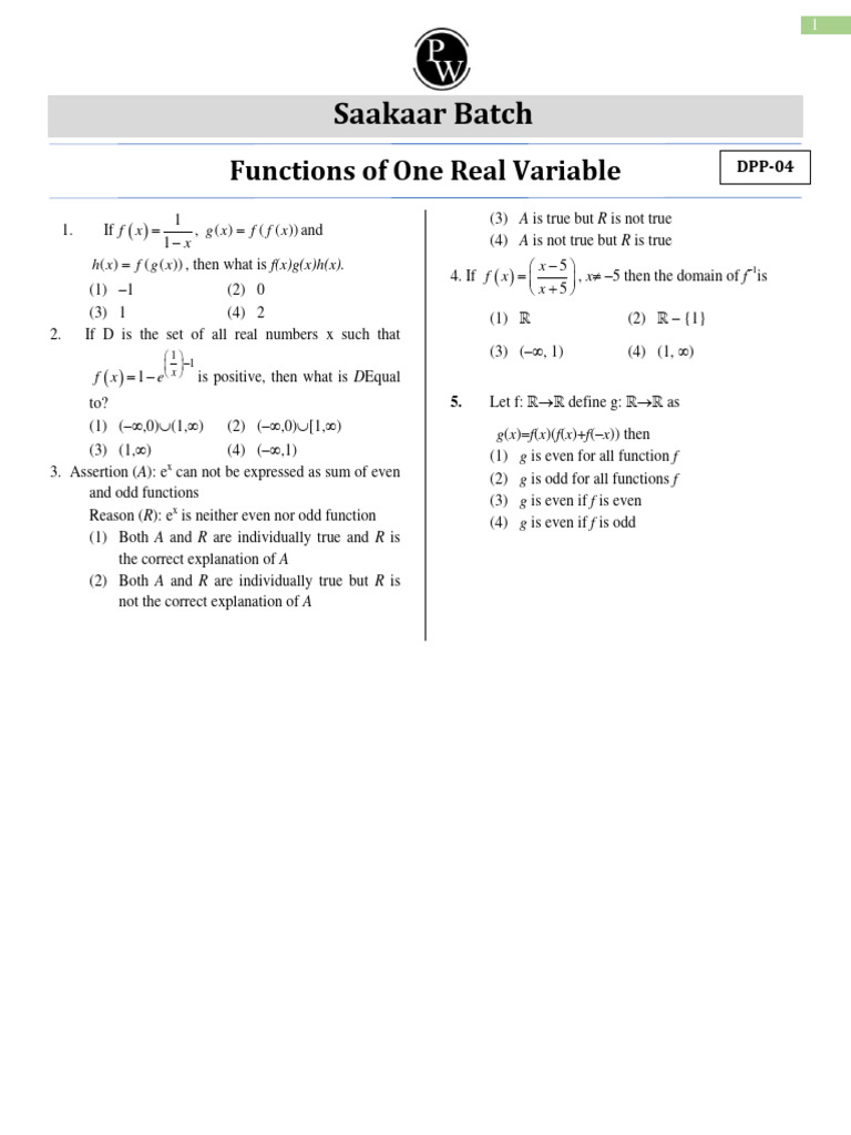 Functions of One Real Variable - DPP 04 (Of Lec 06) | PDF | Function ... Functions of One Real Variable - DPP 04 (Of Lec 06) | PDF | Function ...