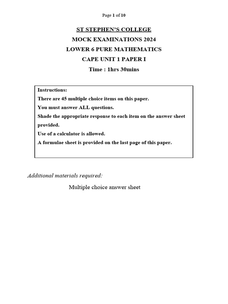 Pure Math Mock Exam Paper 1 2024 | PDF | Trigonometry | Complex Analysis