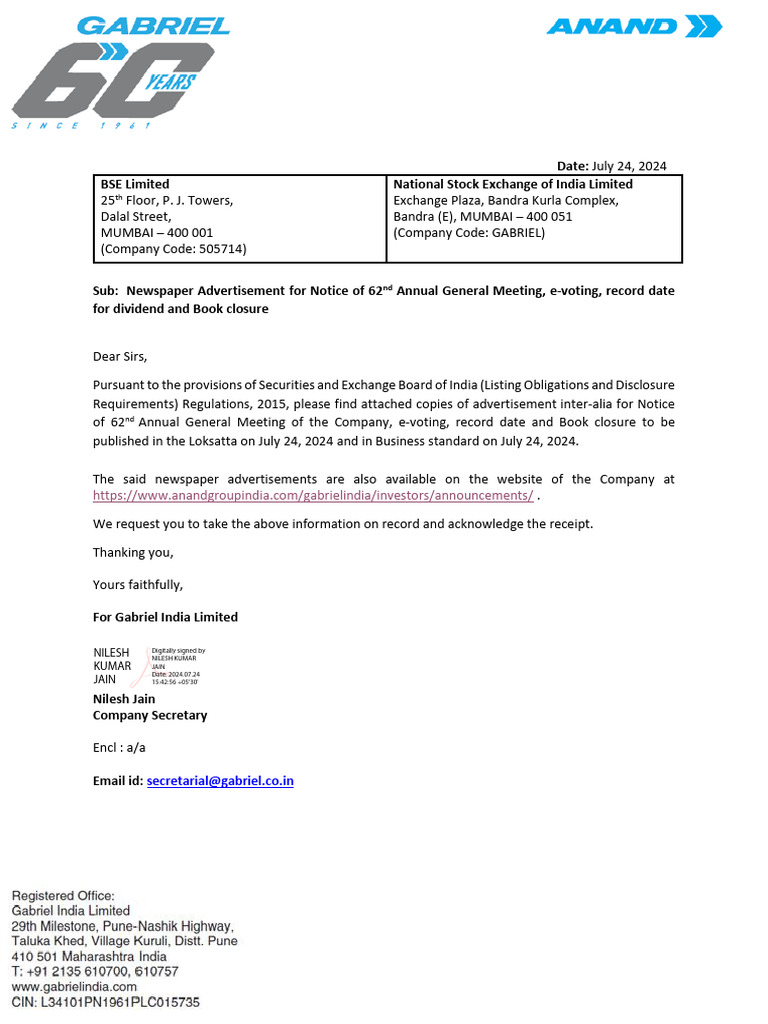 62nd AGM Notice & E-Voting Details | PDF