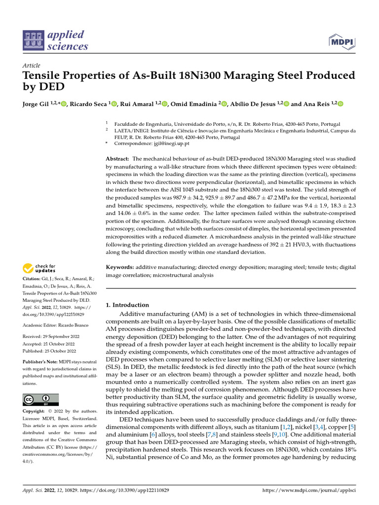 Tensile Properties of as-Built 18Ni300 Maraging Steel Produced by DED ...