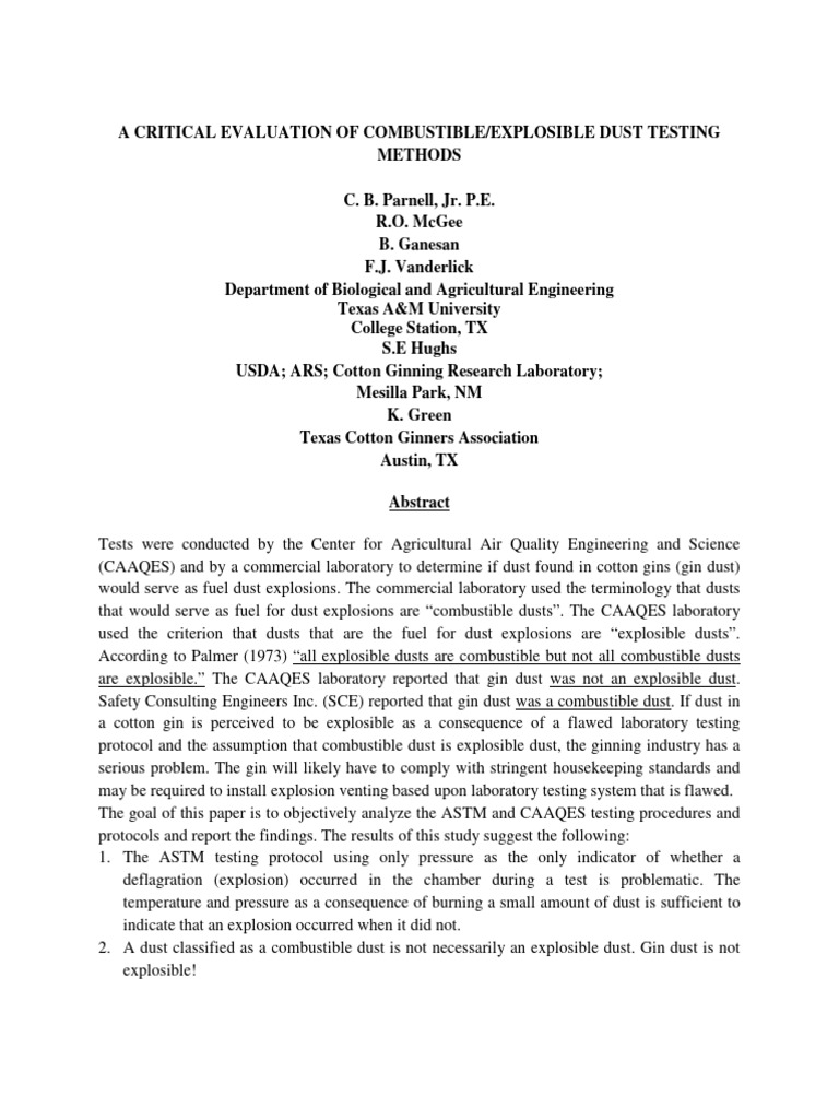 A Critical Evaluation of Combustible Explosive Dust Testing Methods ...