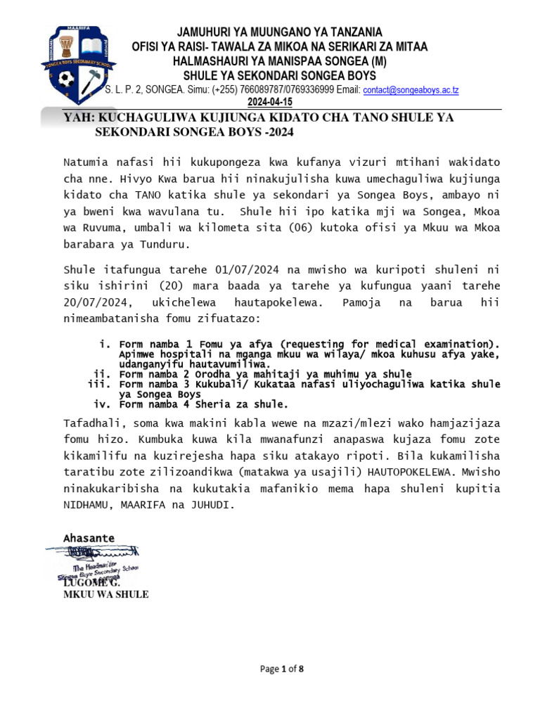 665aa5ece3d68 Songea Boys Joining Instruction Form Five 2024 | PDF