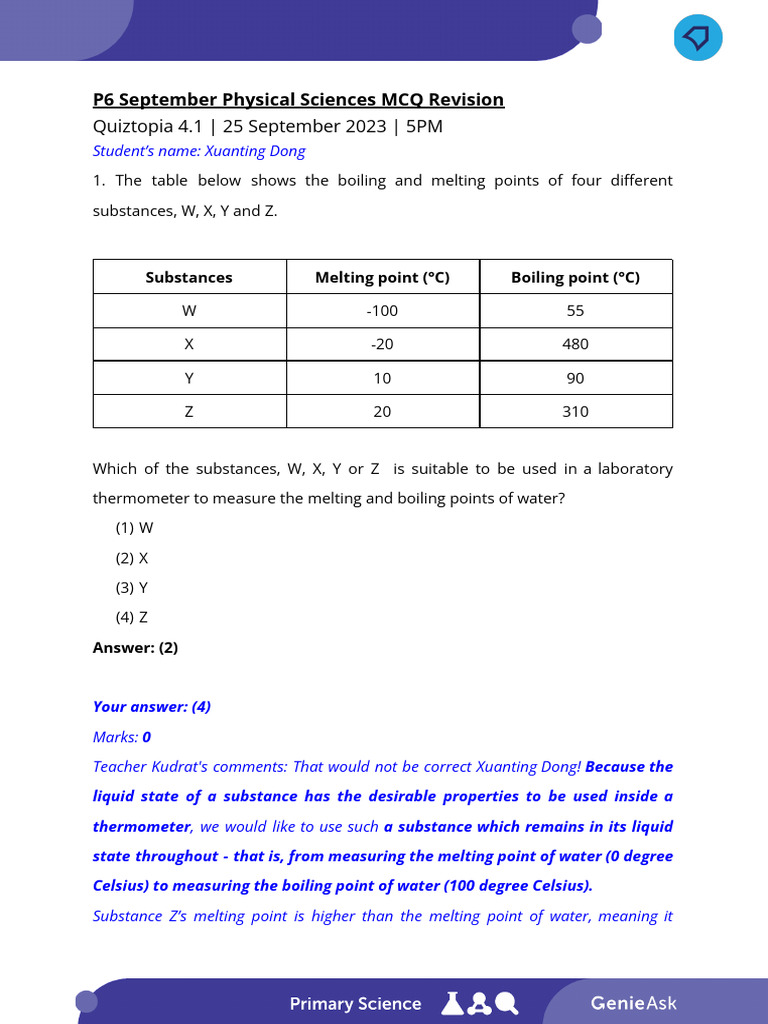 Xuanting Dong P6-AM September Physical Sciences MCQ Revision Feedback ...