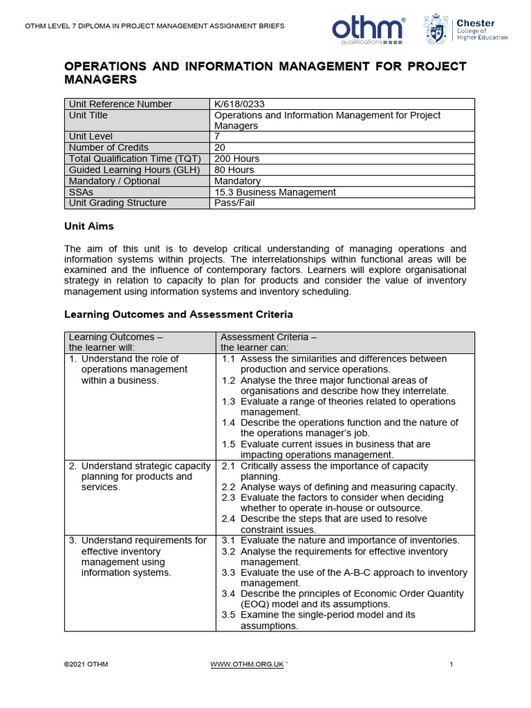 CCHE PGD PM - Assignment 4 Operations and Information Management For ...