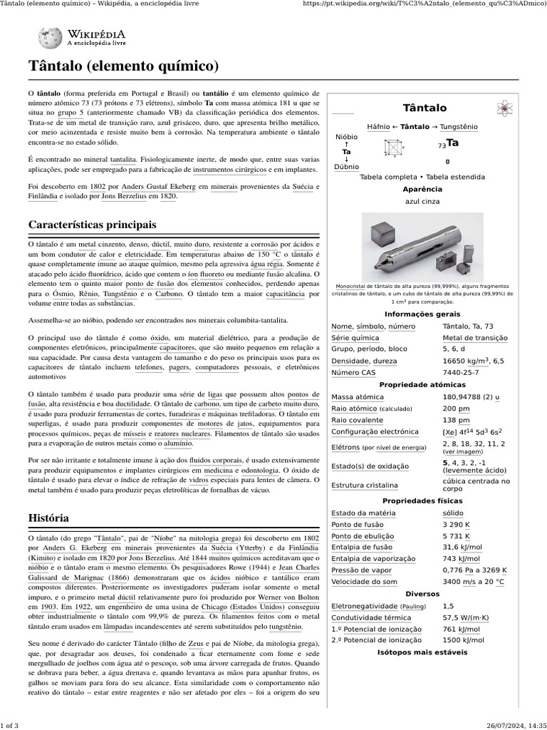 Propriedades e Aplicações do Tântalo | PDF | Ciências Físicas | Átomos
