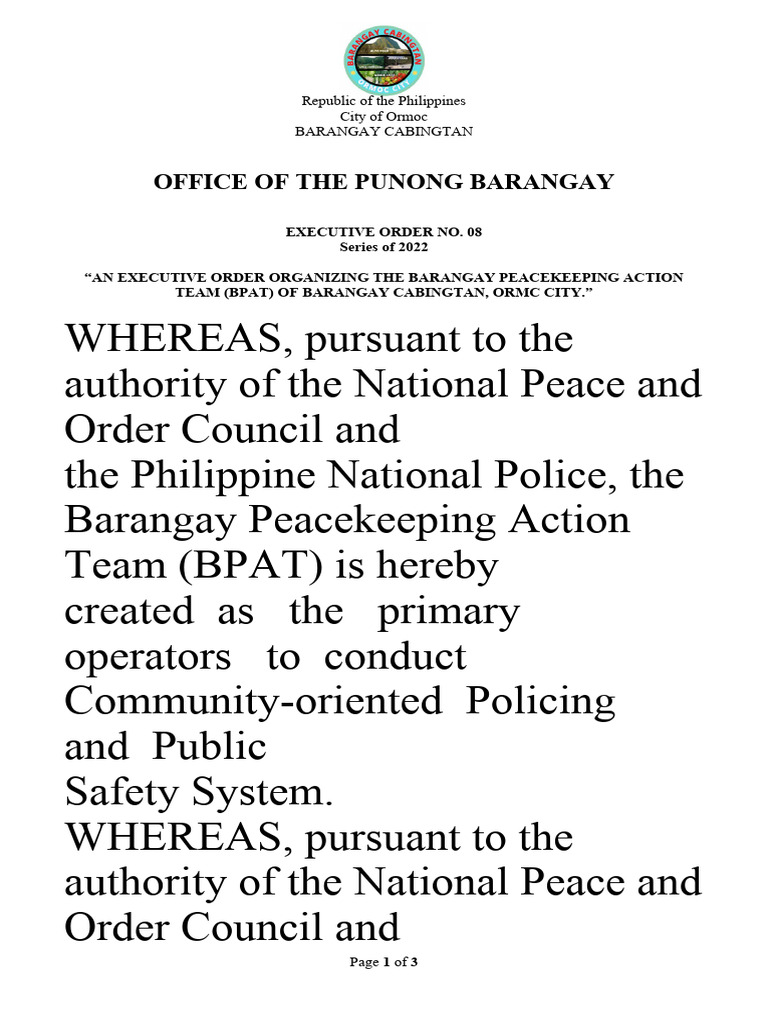 Executive Order No. 08 Series of 2022 Organizing Barangay Peacekeeping ...