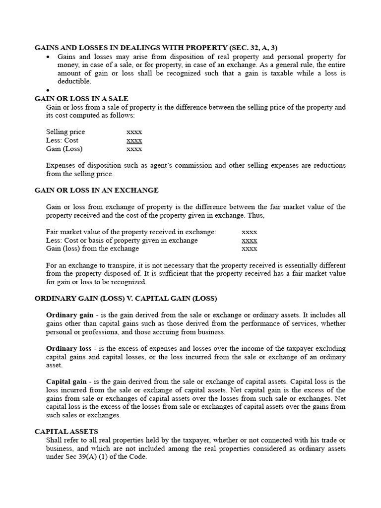 Reviewer - Gains and Losses in Dealings With Property | PDF | Capital ...