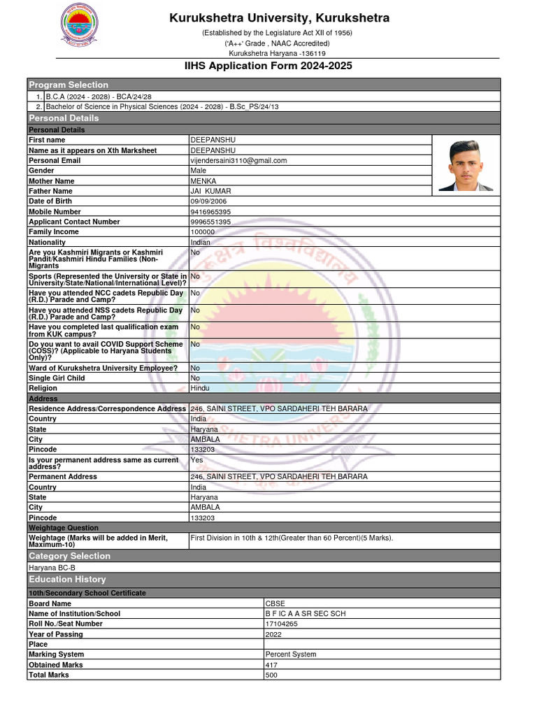 IIHS Application Form 2024-2025 | PDF