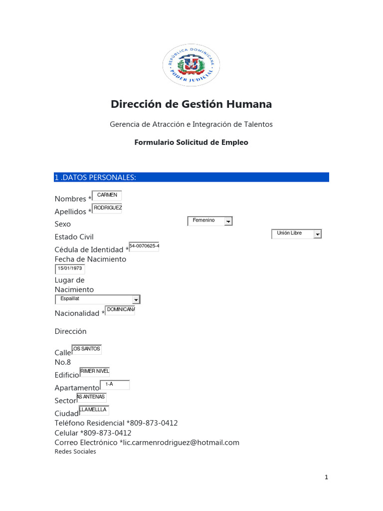formulario de empleo PDF del poder judicial Dirección de Gestión Humana ...