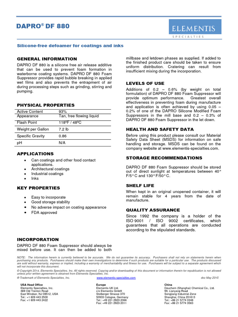 Elementis-Dapro DF 880 - TDS | PDF | Foam | Silicone