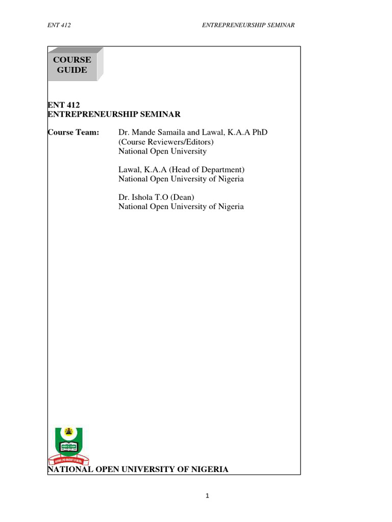 Ent 412 Entrepreneurship Seminar | PDF | Entrepreneurship | Business