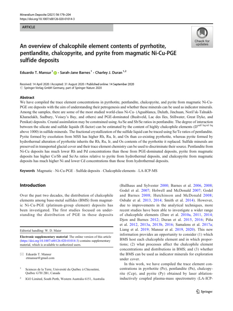 An Overview of Chalcophile Element Contents of Pyrrhotite, Pentlandite ...