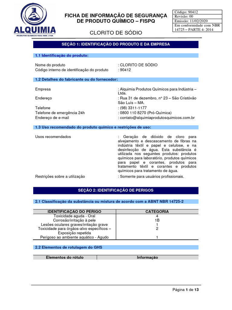 Clorito de Sodio FISPQ 90412 1 | PDF | Reações químicas | Cloro