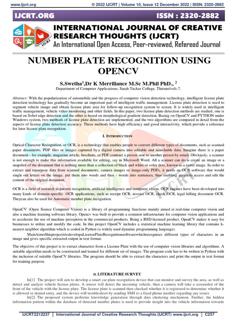 IJCRT2212237 | PDF | Optical Character Recognition | Computer Vision