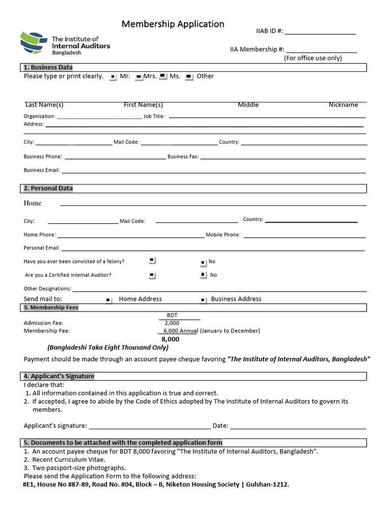 IIA Membership Application Form | PDF | Cheque | Payments