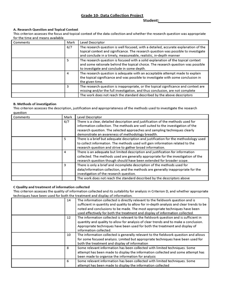 Data Collection Assignment Markscheme - Docx (Foster) | PDF ...