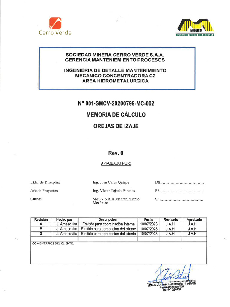 Memoria de Calculo de Oreja de Izaje | PDF Memoria de Calculo de Oreja de Izaje | PDF