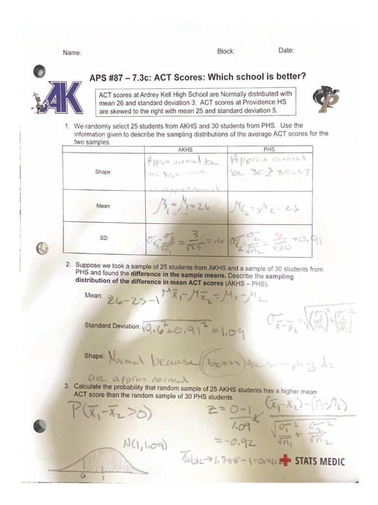 APS #87 - 7.3c ACT Scores Which School is Better | PDF