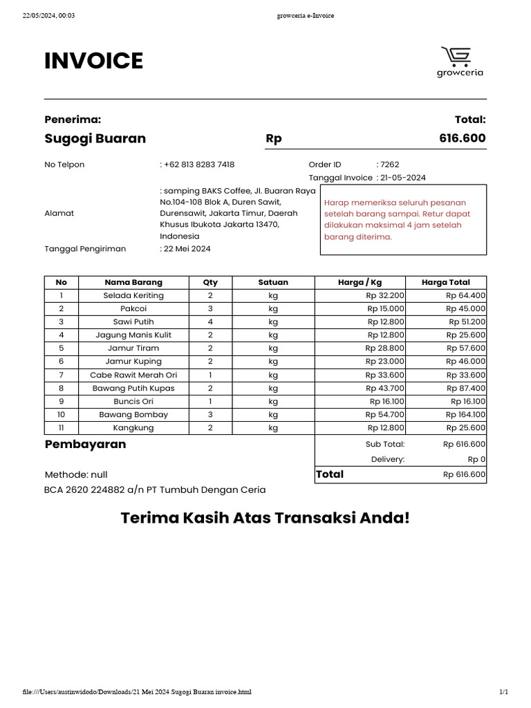 Invoice Pembelian Growceria Buaran | PDF