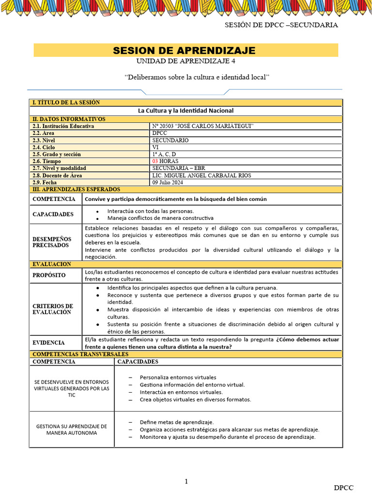 1º DPCC- SES ACT.4 -UNI 4 2024 | Descargar gratis PDF | Maestros | Aprendizaje