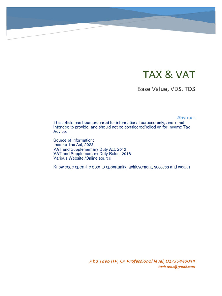 Base Value TDS VDS As Per Tax Act 2023 & VAT Act 2012 Taeb | PDF | Value Added Tax | Taxes
