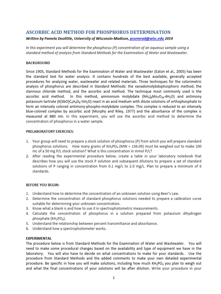 Lake Study Ascorbic Acid Method For Determining Phosphorous | PDF ...