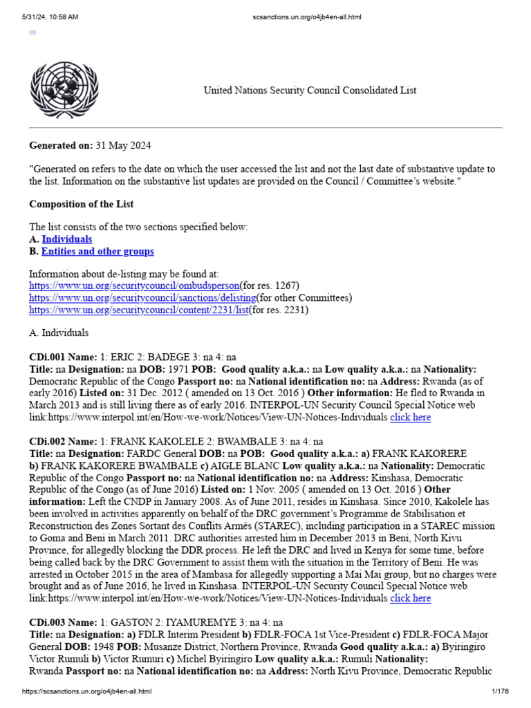 UN Sanction List | PDF | Democratic Republic Of The Congo