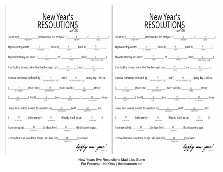 New Years Eve Resolutions Mad Libs Game | PDF