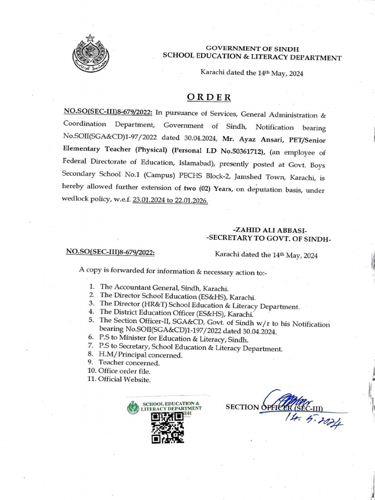 Order For Allowed Grant Further Extension in 02 Years On Deputation Basis in Respect of MR Ayaz ...