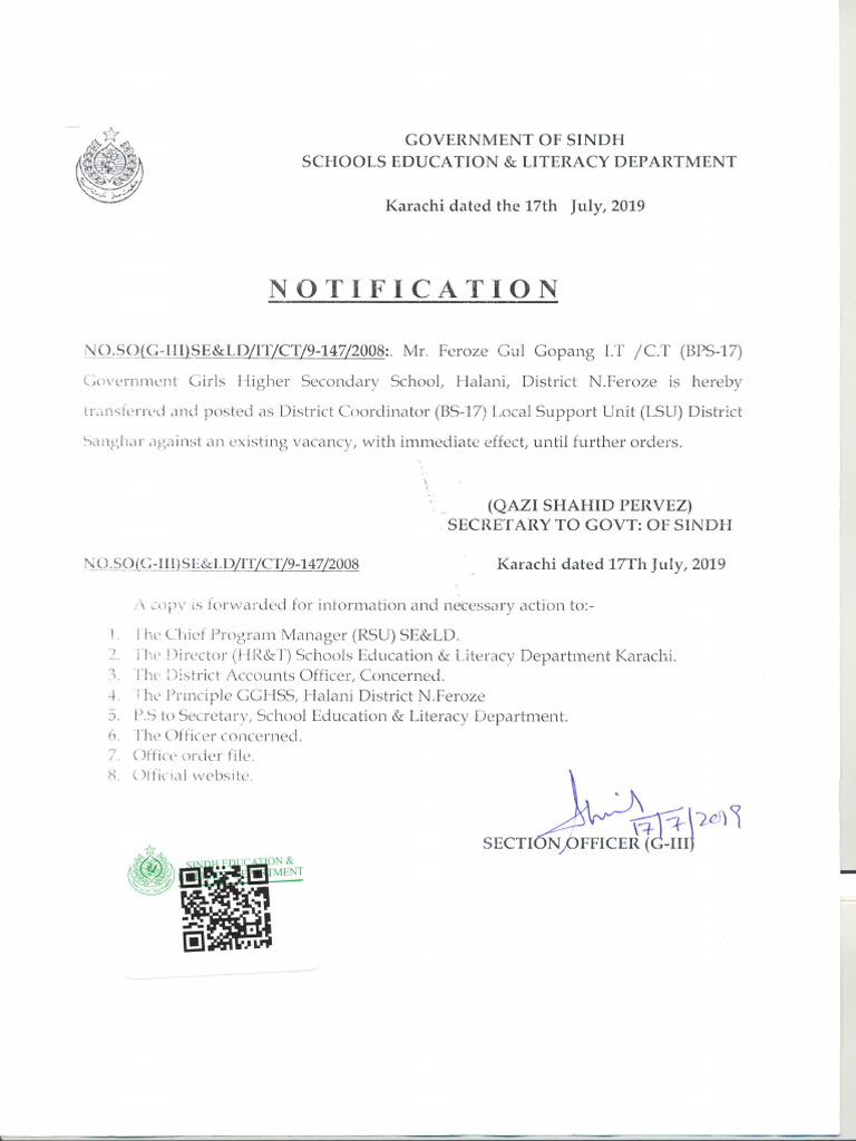 Notification of Transfer Posting in Respect of MR. Feroze Gul Gopang I.T C.T (BPS-17) As ...