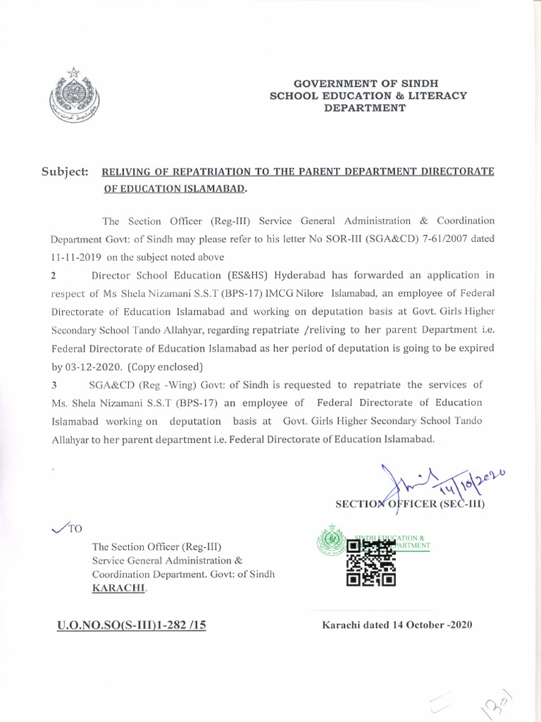 Letter For Repatriation To The Parent Department Ms. Shela Nizamani | PDF