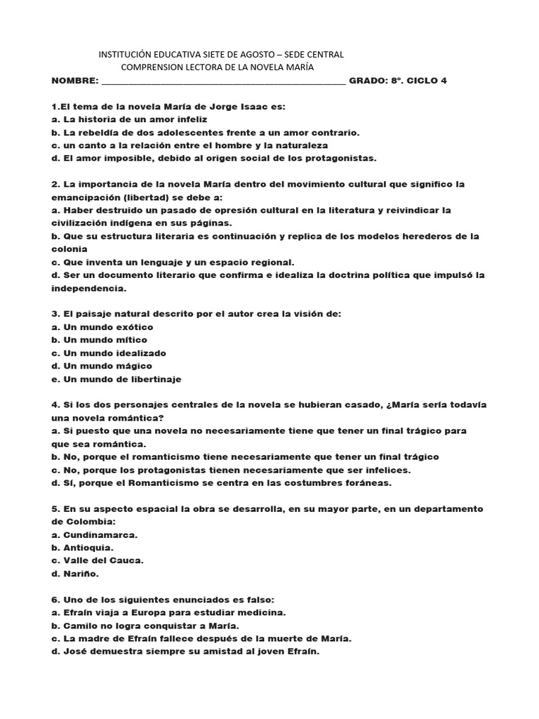 Comprensión de la novela María | PDF | Colombia | Novelas