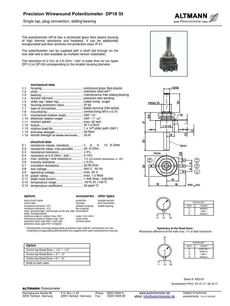DP18 Datasheet Singleturn Wirewound-Potentiometer Altmann-GmbH Potentiometer - de | PDF ...