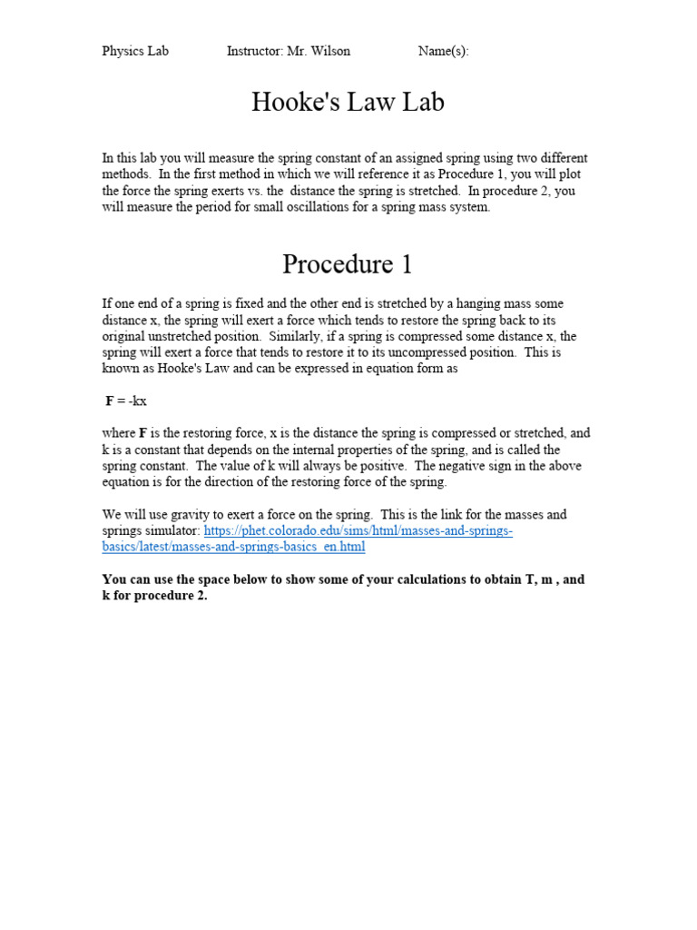 Hooke S Law Online Lab RW | PDF | Force | Mass