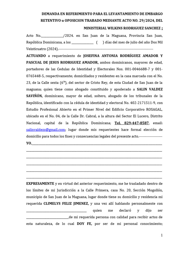 Demanda en Referimiento para El Levantamiento de Embargo Retentivo ...