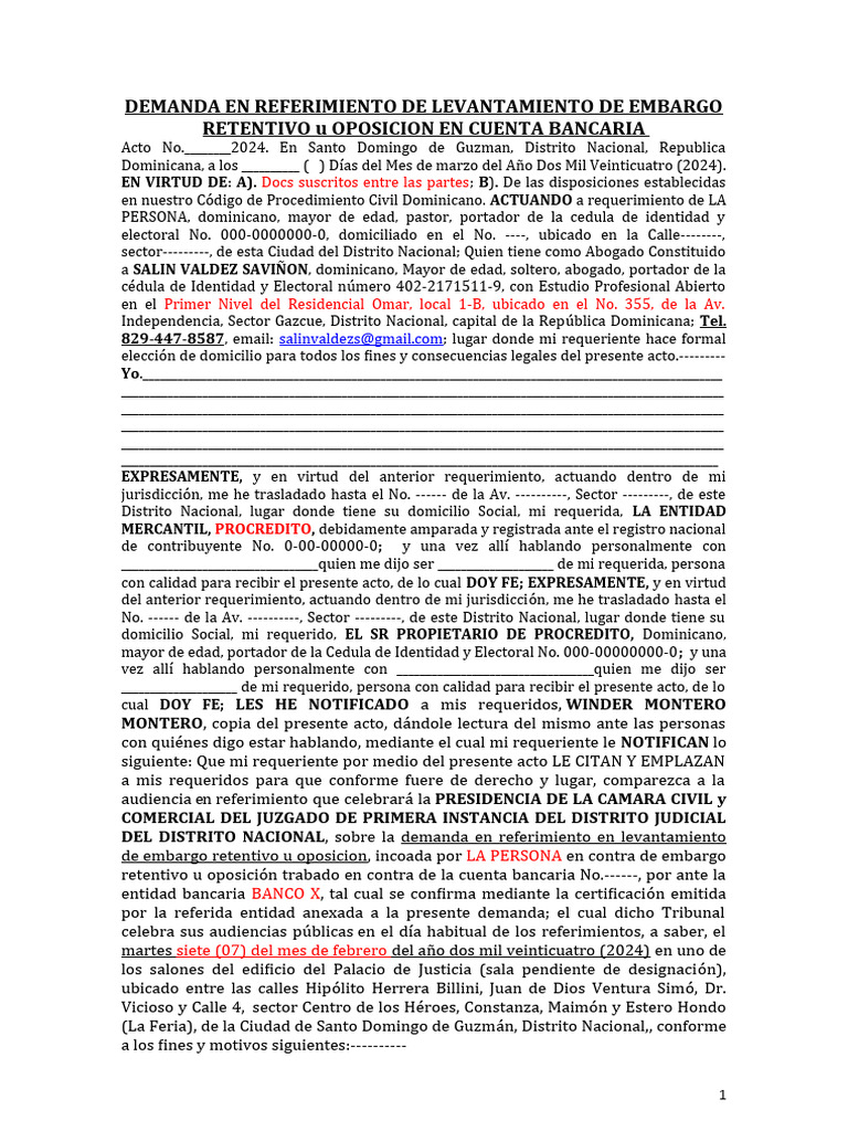 Demanda de Levantamiento de Embargo Retentivo | PDF | Debido al proceso ...