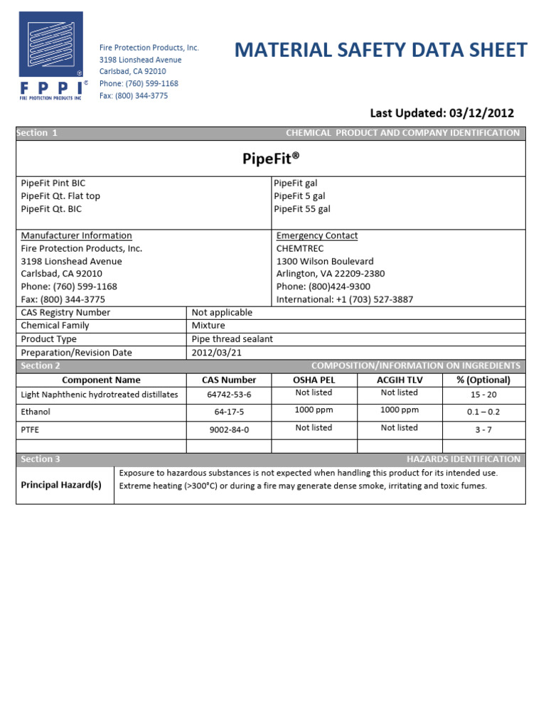 Pipefit Thread Sealing Paste MSDS | PDF | Toxicity | Water