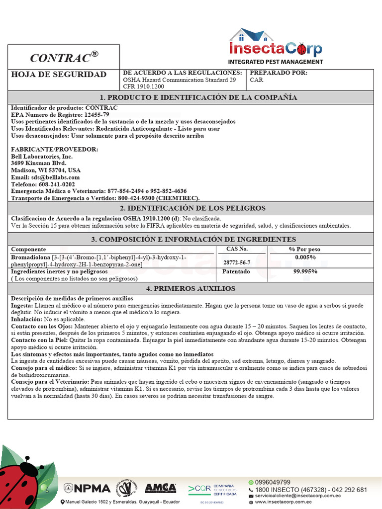 HOJA DE SEGURIDAD RODENTICIDAS | PDF | Agua | Alimentos