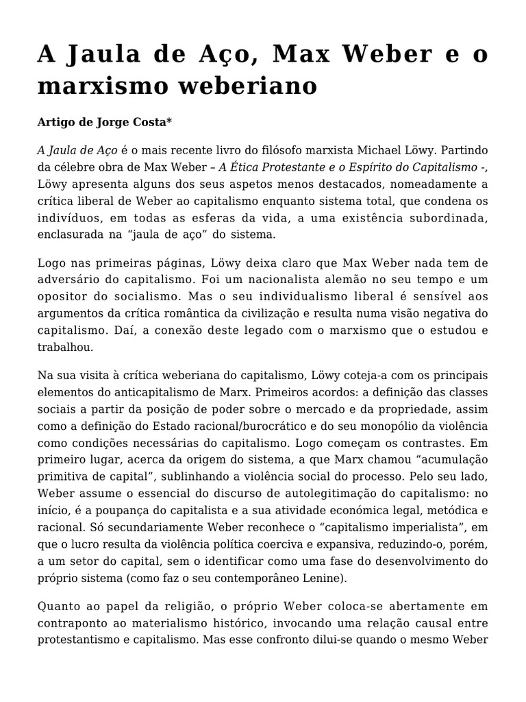 A Jaula de Aço Max Weber e o Marxismo Weberiano | PDF | Max Weber ...