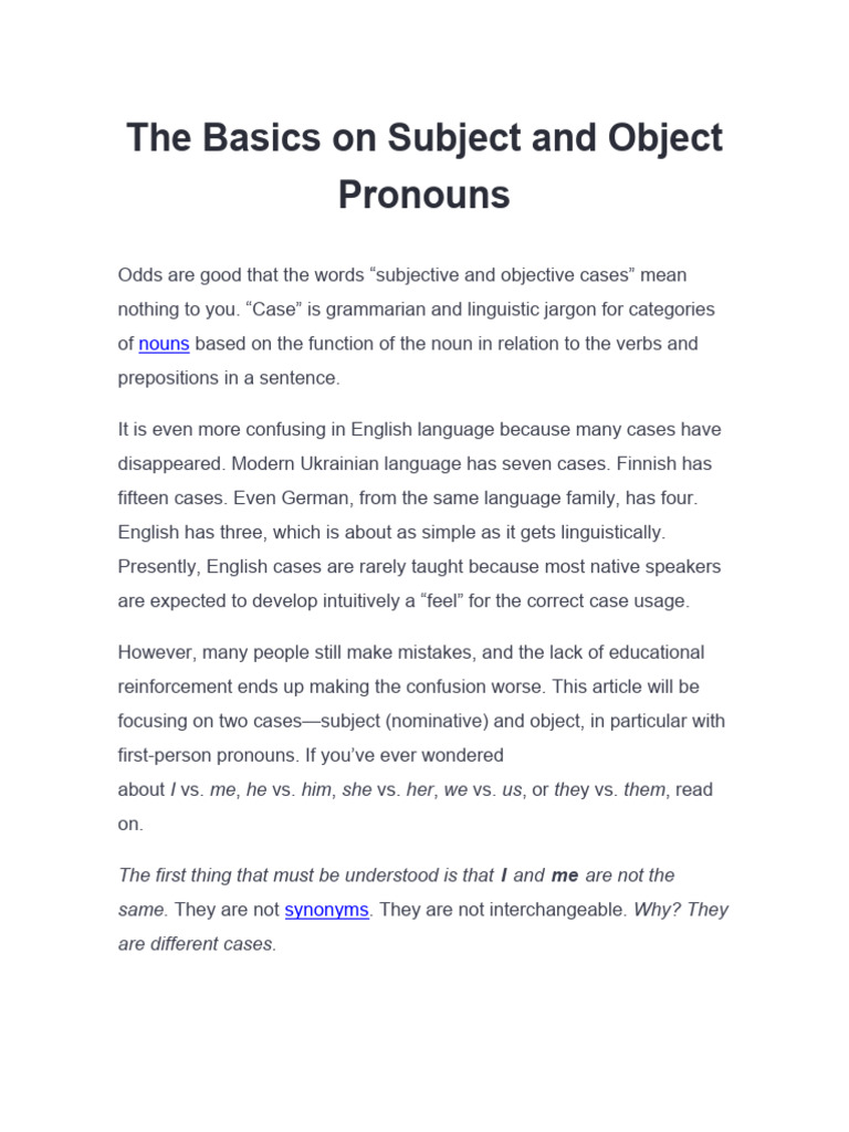 Subject and Object Pronouns | PDF | English Language | Pronoun
