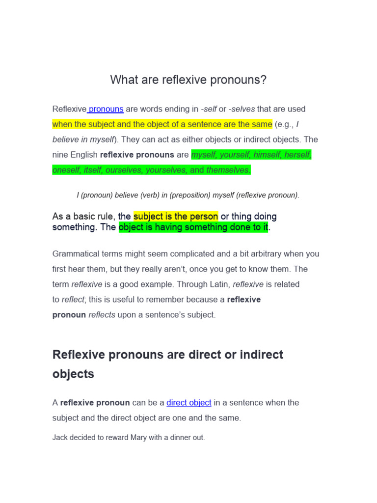 Reflexive Pronouns | PDF | Pronoun | Object (Grammar)