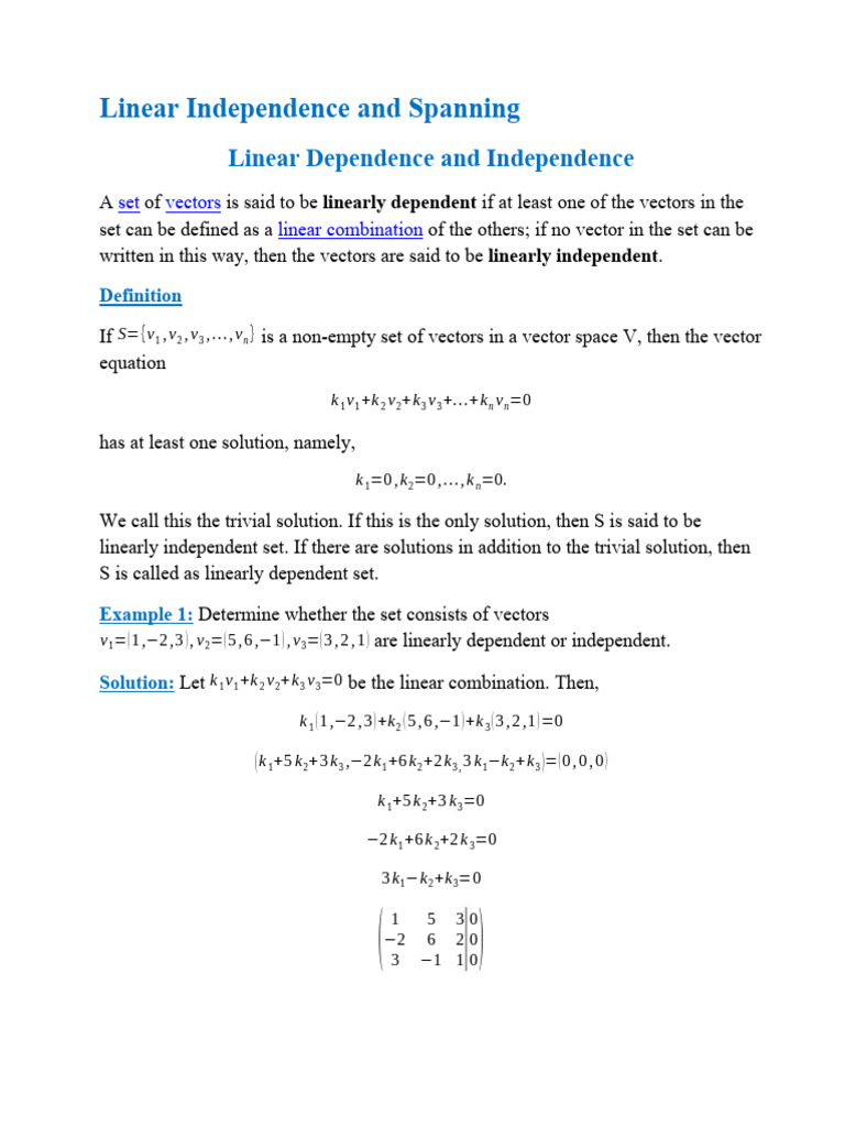 Linear Independence and Spanning | PDF | Vector Space | Algebra