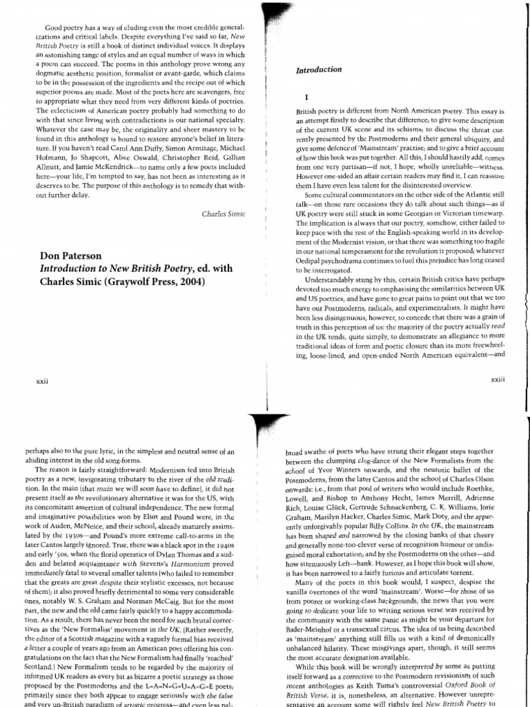 Don Paterson Introduction To New British Poetry Pdf Poetry