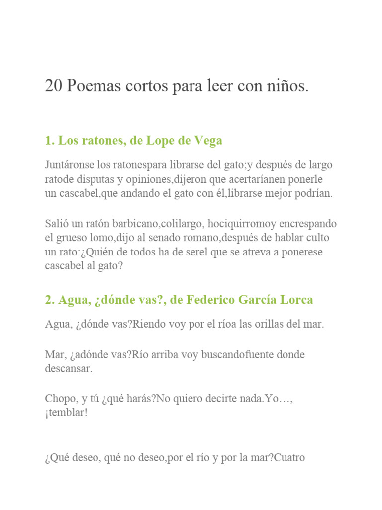 20 Poemas Cortos para Niños | PDF